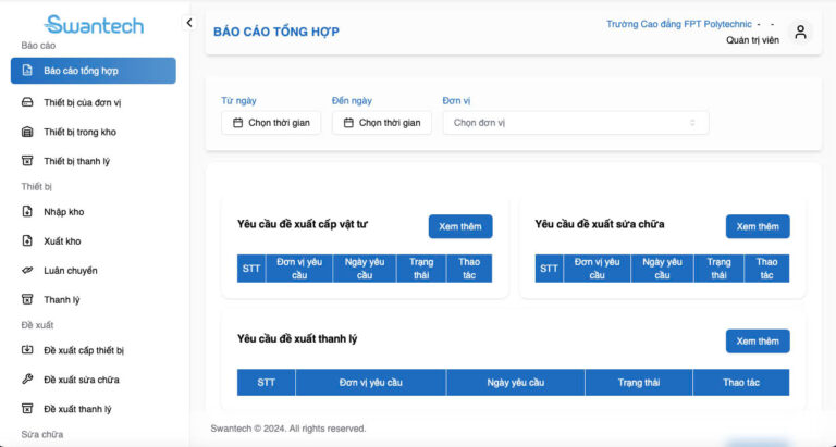 Phần mềm quản lý cơ sở vật chất - SWANTECH TECHNOLOGY